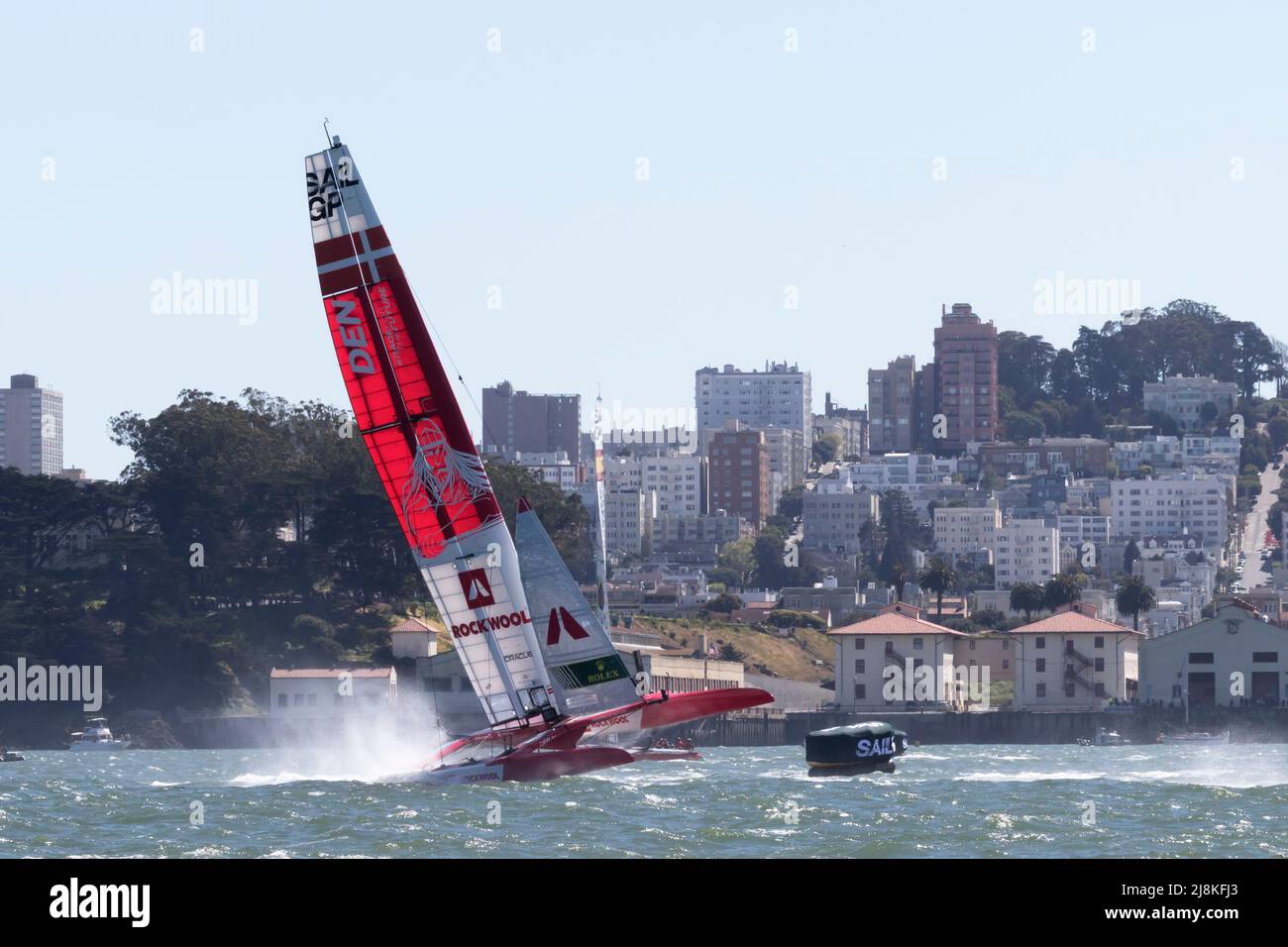 Team Denmark races their F50 catamaran on the waters of San Francisco ...