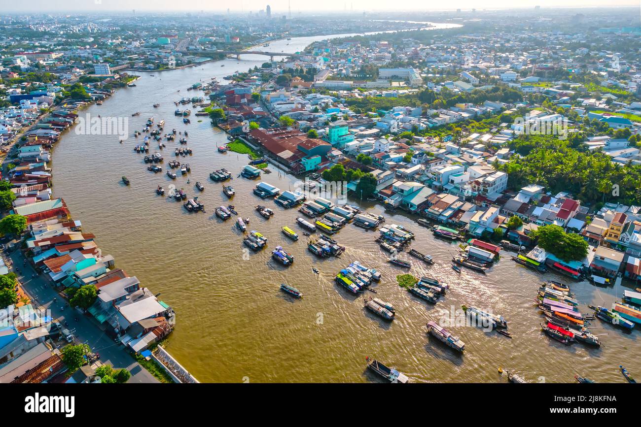 Cai Rang floating market, Can Tho, Vietnam, aerial view. Cai Rang is ...