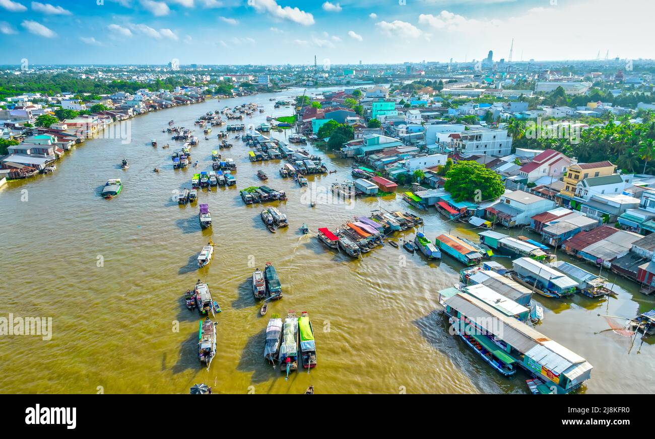 Cai Rang floating market, Can Tho, Vietnam, aerial view. Cai Rang is ...