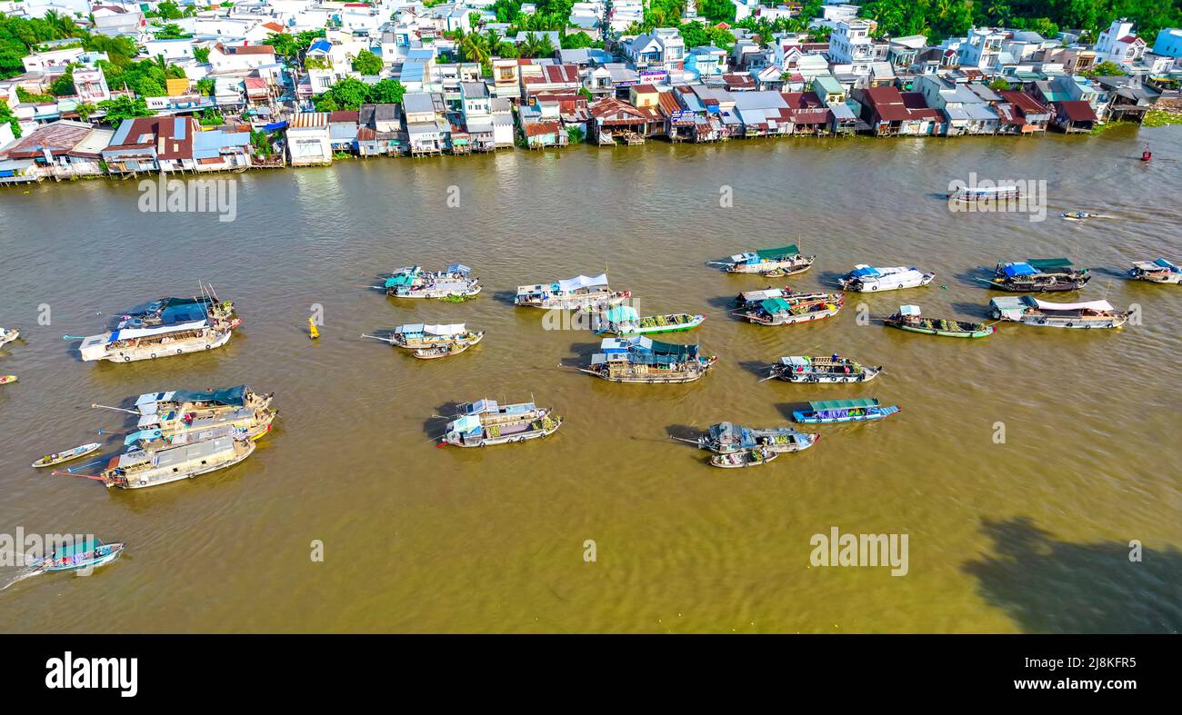Cai Rang floating market, Can Tho, Vietnam, aerial view. Cai Rang is ...