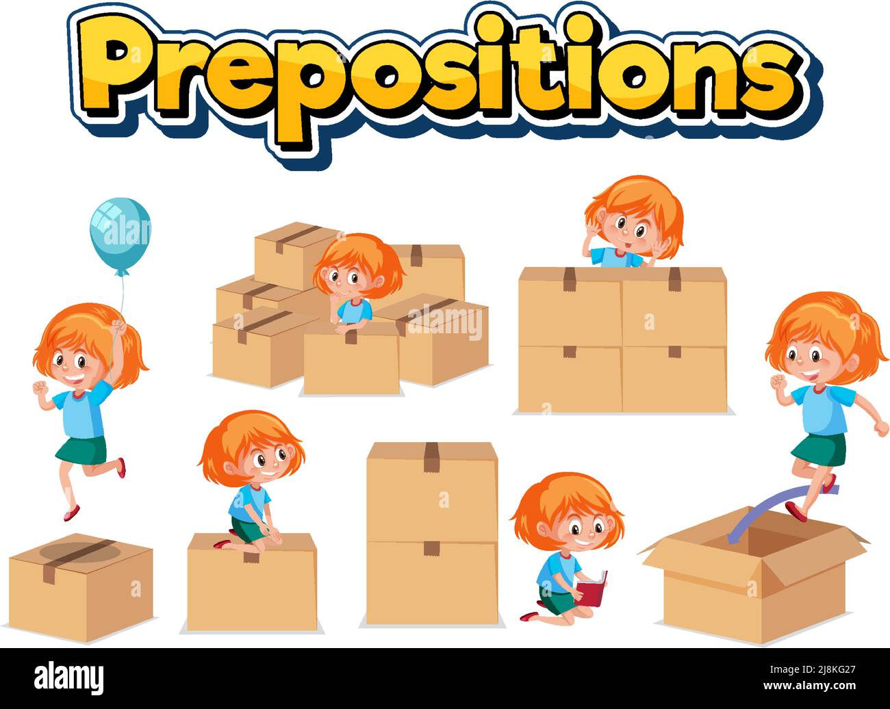 Prepostion wordcard design with girl and boxes illustration Stock ...