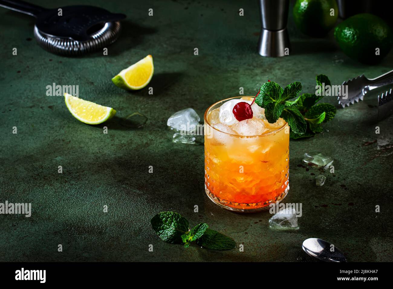 Mai Tai popular alcoholic cocktail with rum, liqueur, syrup, lime juice ...