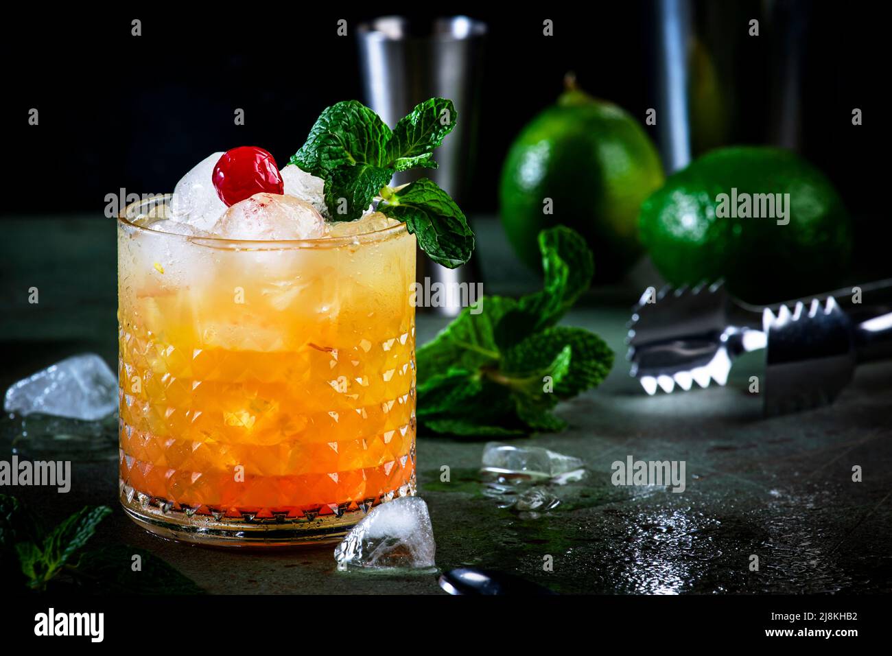 Mai Tai Popular Alcoholic Cocktail With Rum Liqueur Syrup Lime Juice Mint And Crushed Ice