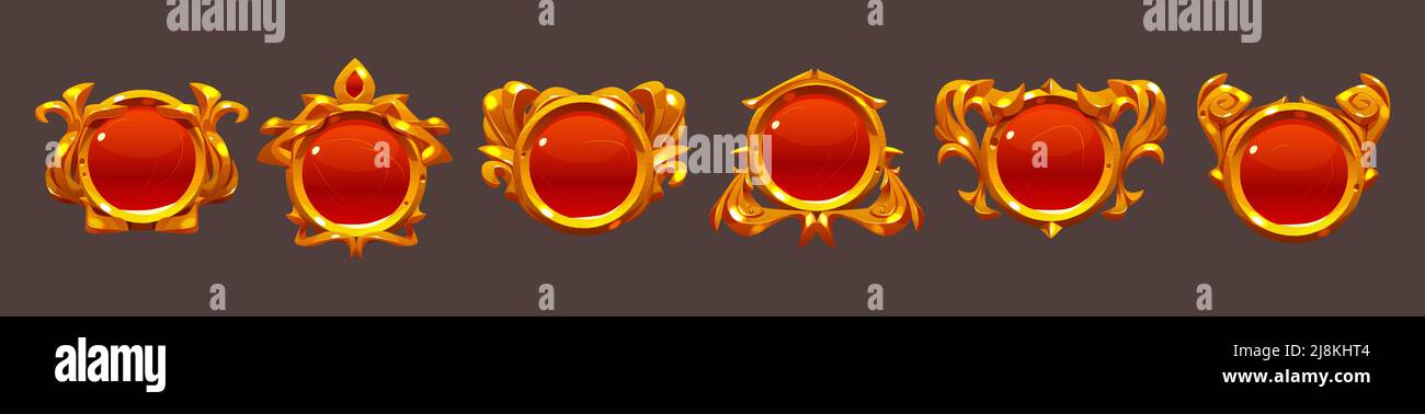 Red game buttons, achievement badges with golden frames. Vector cartoon ...