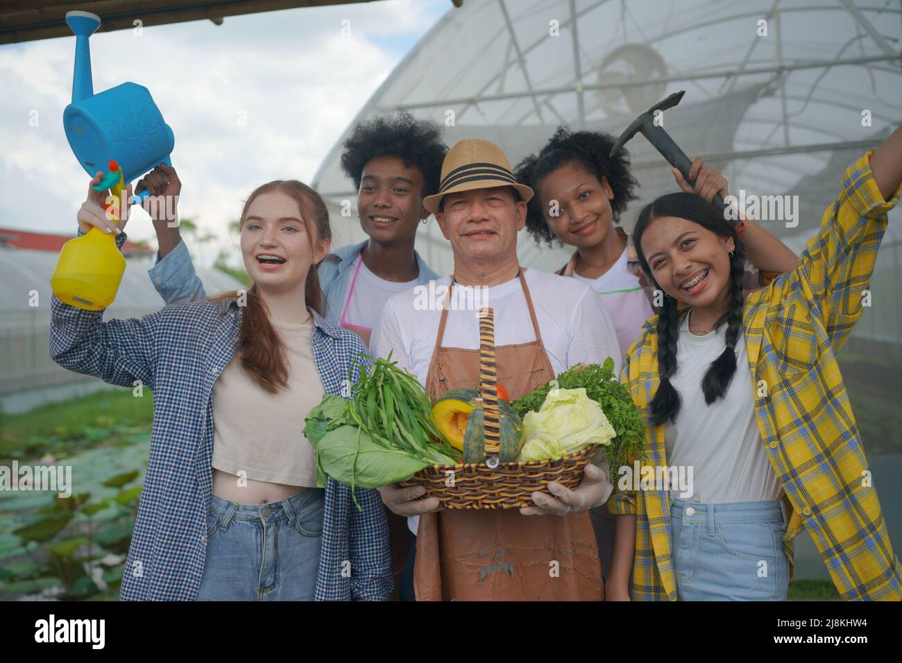 group of young diverse people enjoy activity in plantation at organic ...
