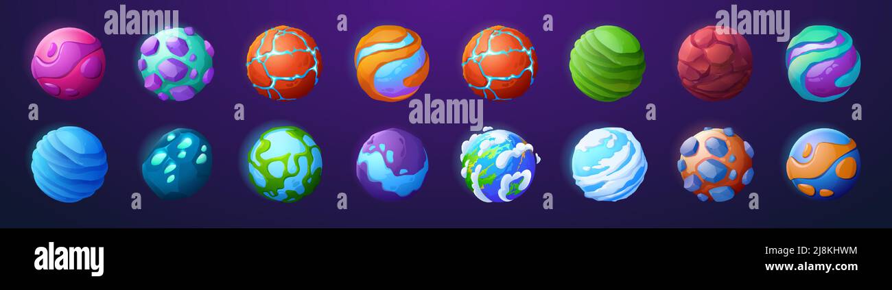 Game icons of fantasy planets and asteroids in outer space. Vector ...