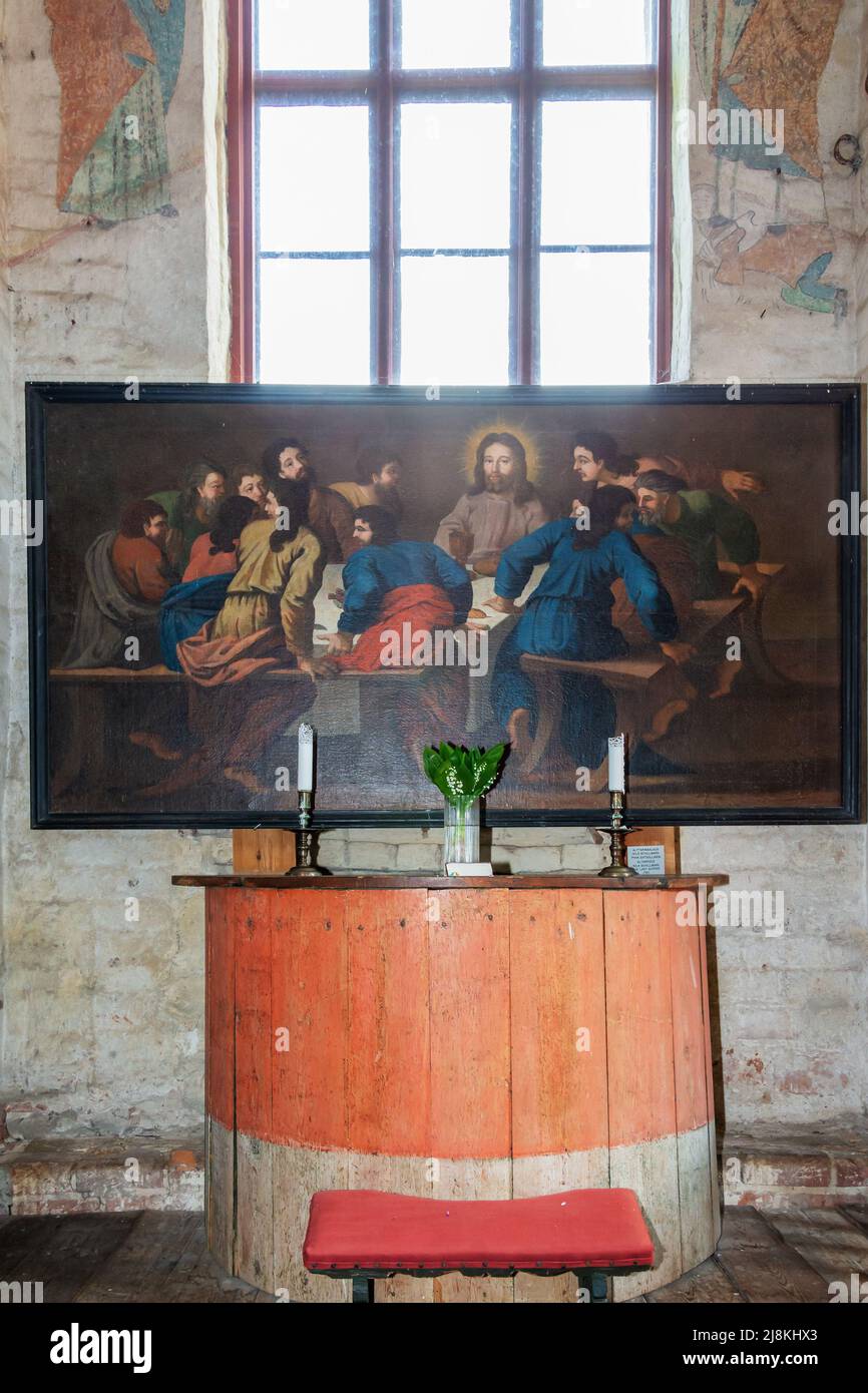 Altar and altar painting in medieval stone church in Hattula Finland ...