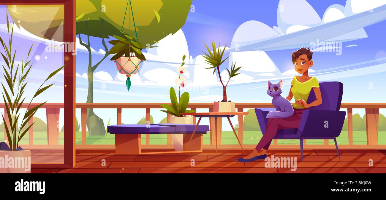 Woman with cat relax at outdoor home terrace. Female character with pet ...