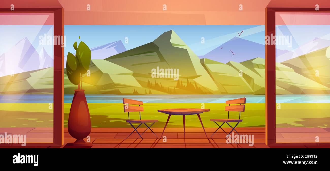 House wooden terrace in mountain valley with lake. Vector cartoon ...