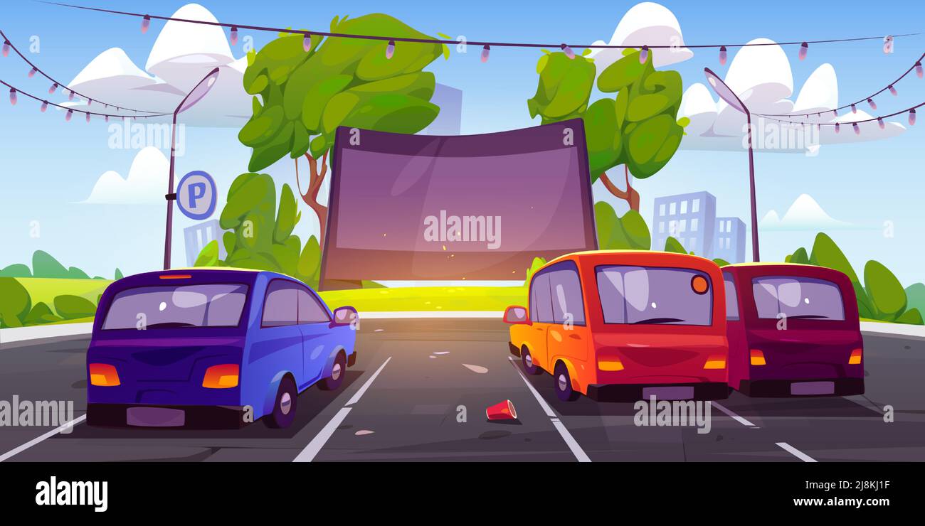 Drive-in movie theater with cars on parking. Outdoor cinema for auto ...