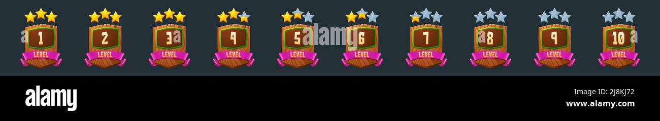 Game level wooden badges with gold rating stars isolated on background ...