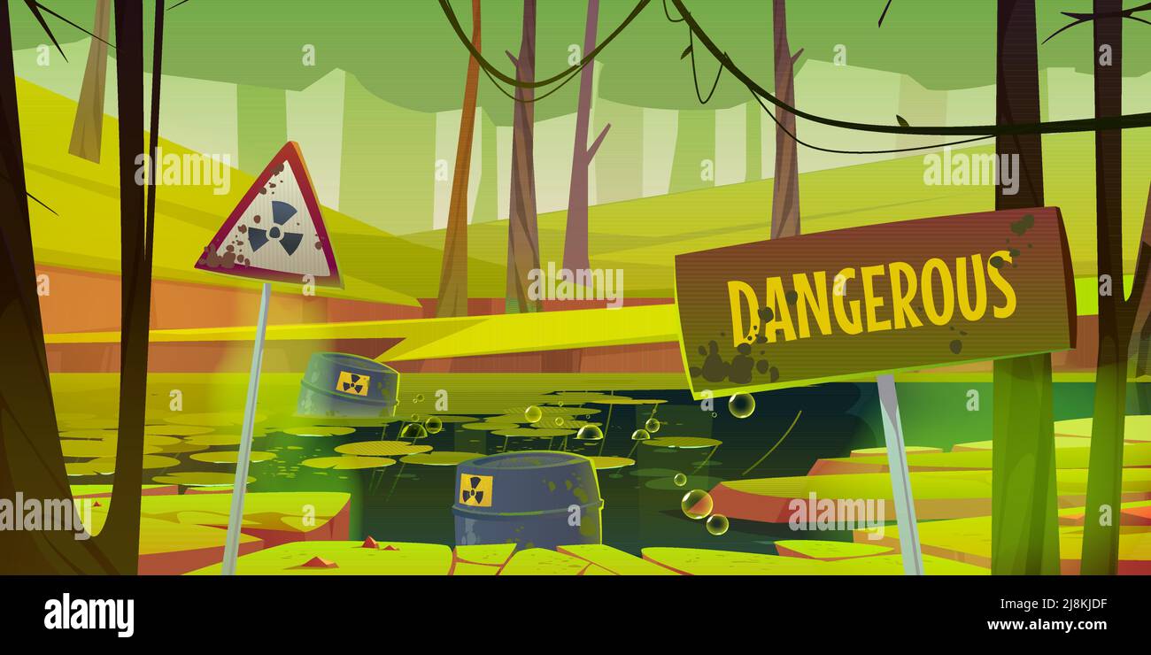 Dirty swamp or lake with warning signs and barrels with toxic waste ...