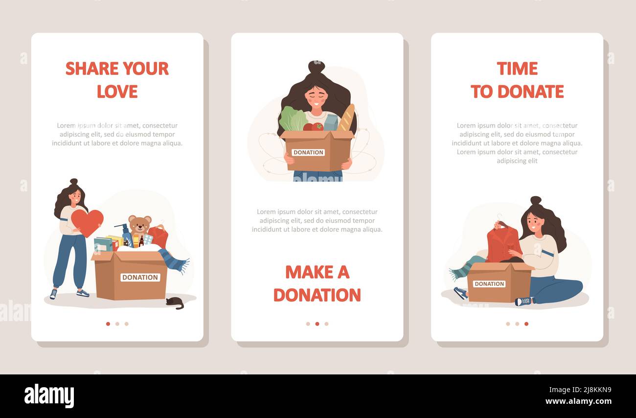 Donation and charity concept. Volunteer women with cardboard boxes full ...