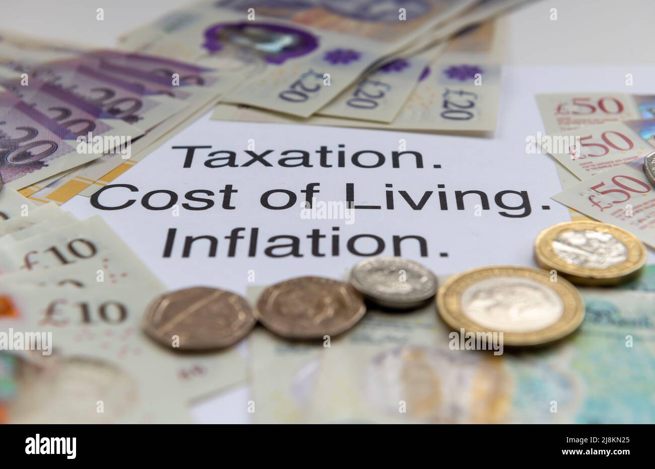 Rising taxation, cost of living and inflation concept with words, bank ...