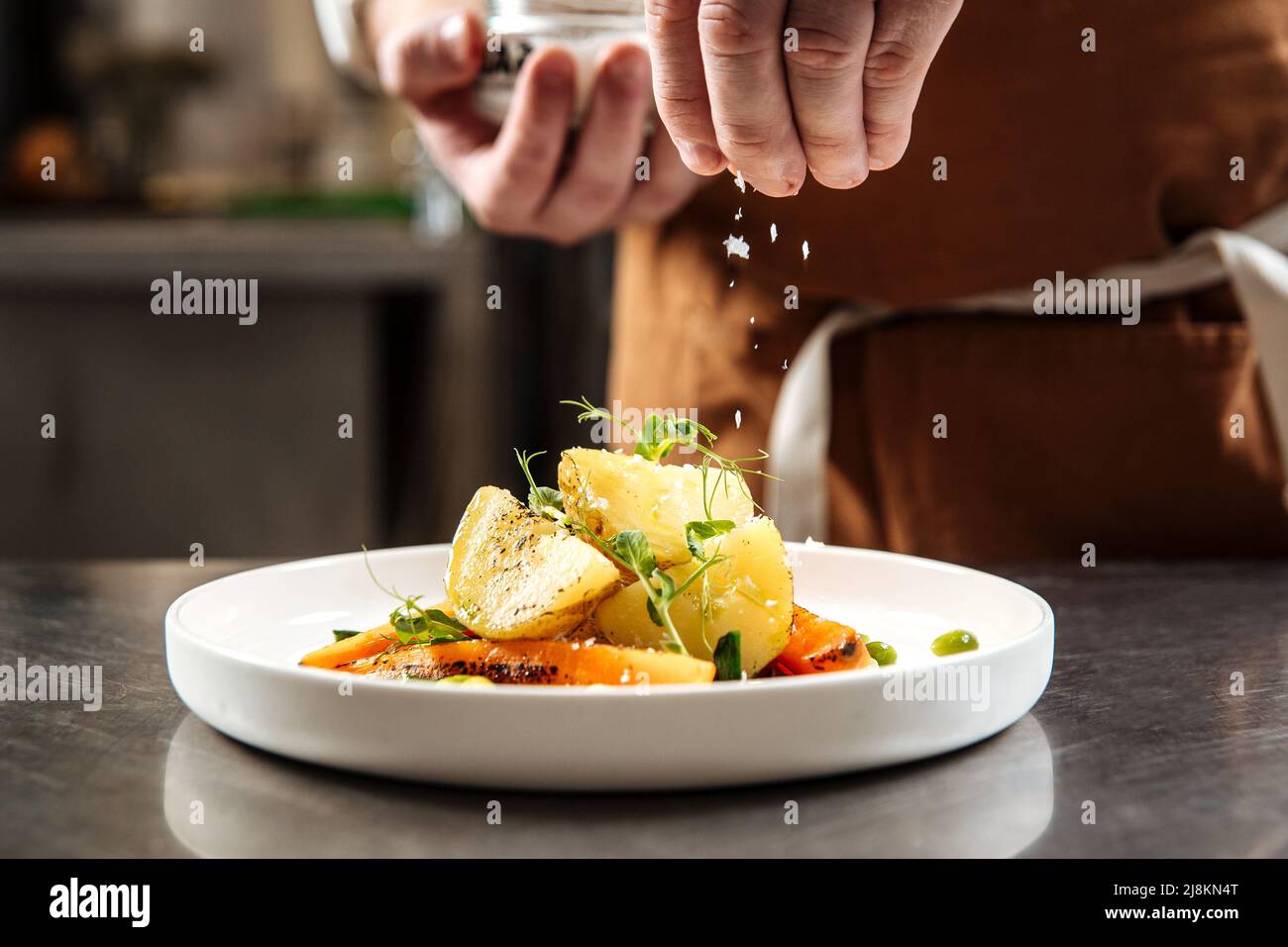 Chef's hand sprinkles cooked dish with salt Stock Photo - Alamy