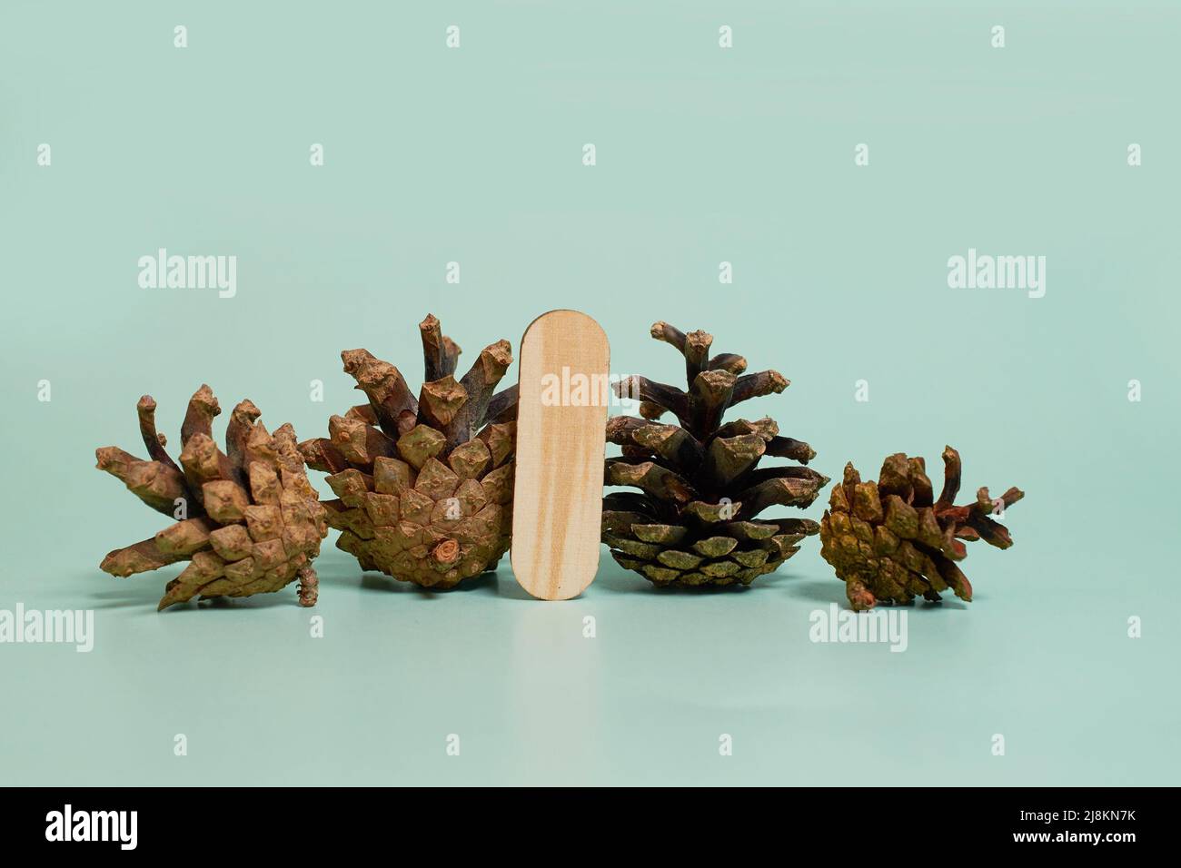 Letter I. A wooden letter of the English alphabet and four pine cones ...