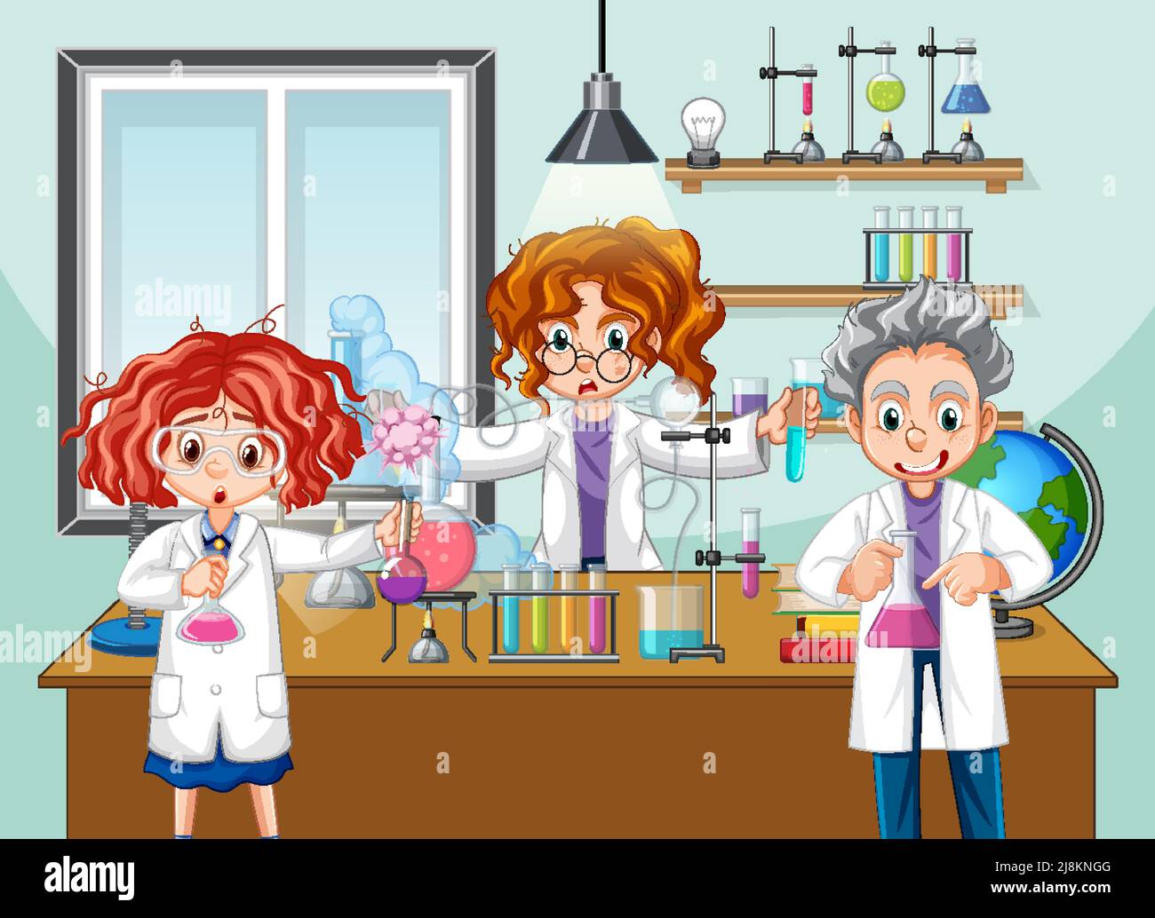 Classroom scene with scientist doing experiment illustration Stock ...