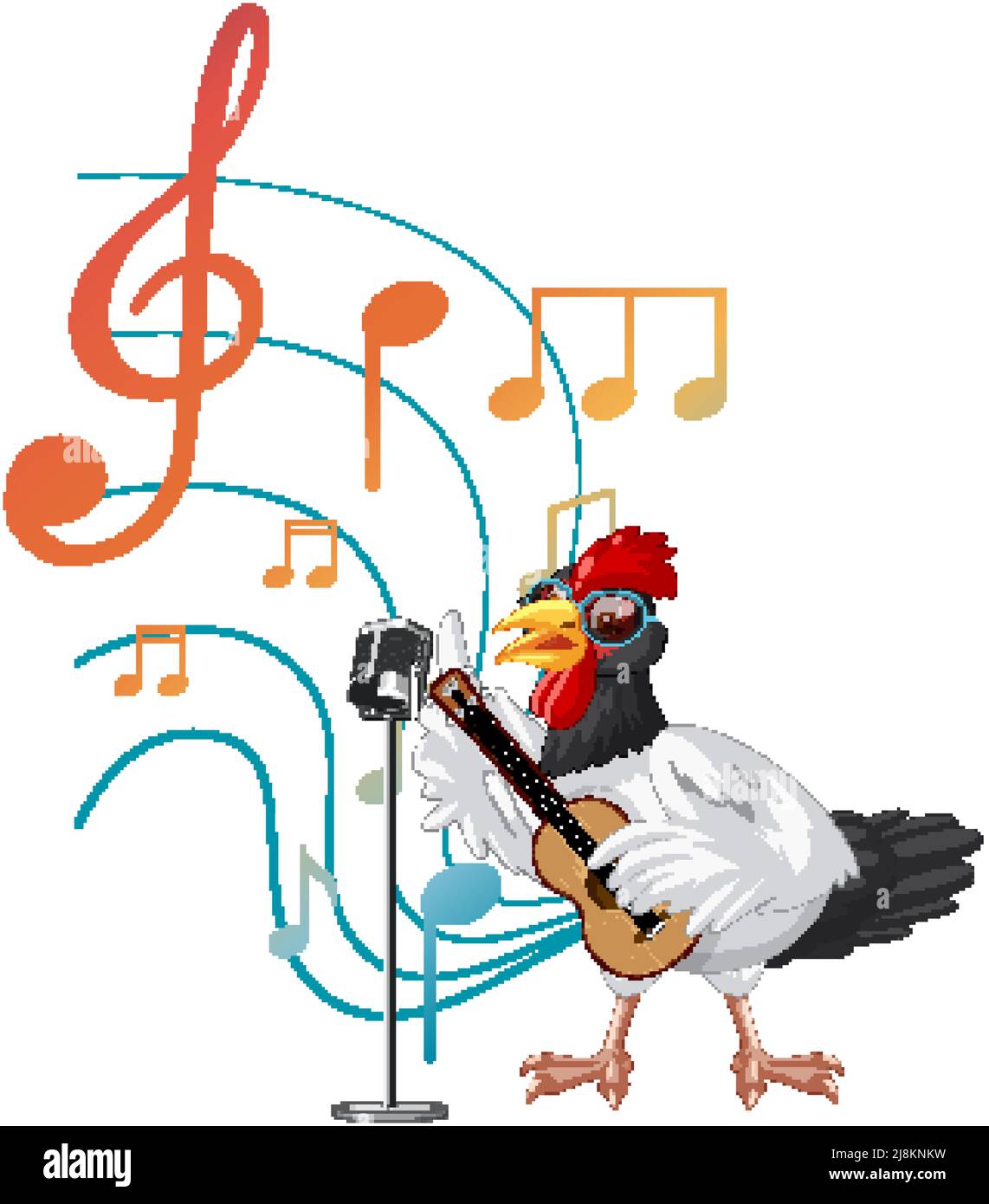 Chicken playing guitar and sing with music notes on white background ...
