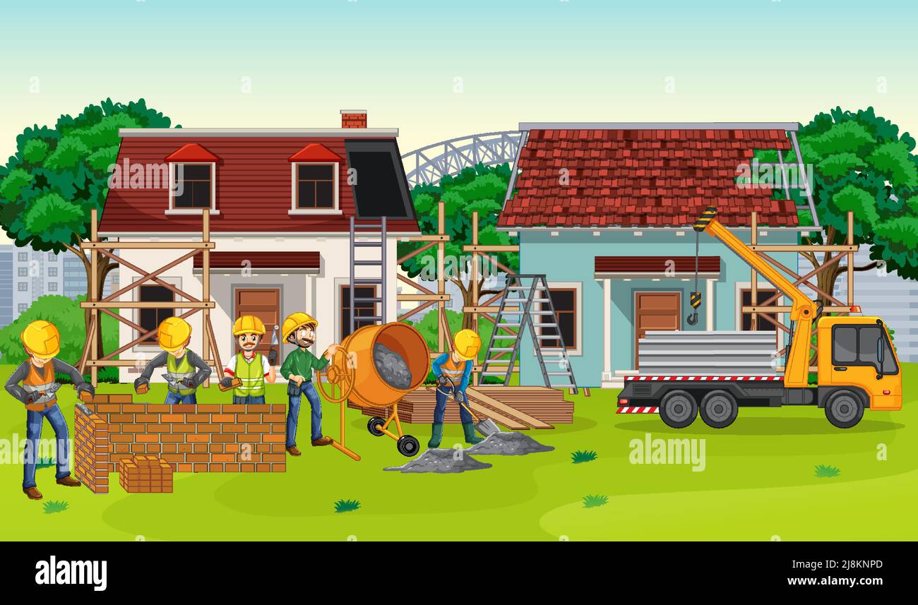 House construction site with workers illustration Stock Vector Image ...