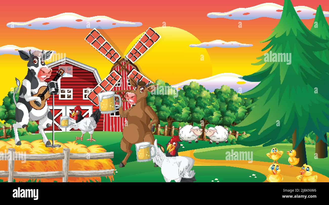 Outdoor cow farm scene with happy animals cartoon illustration Stock ...