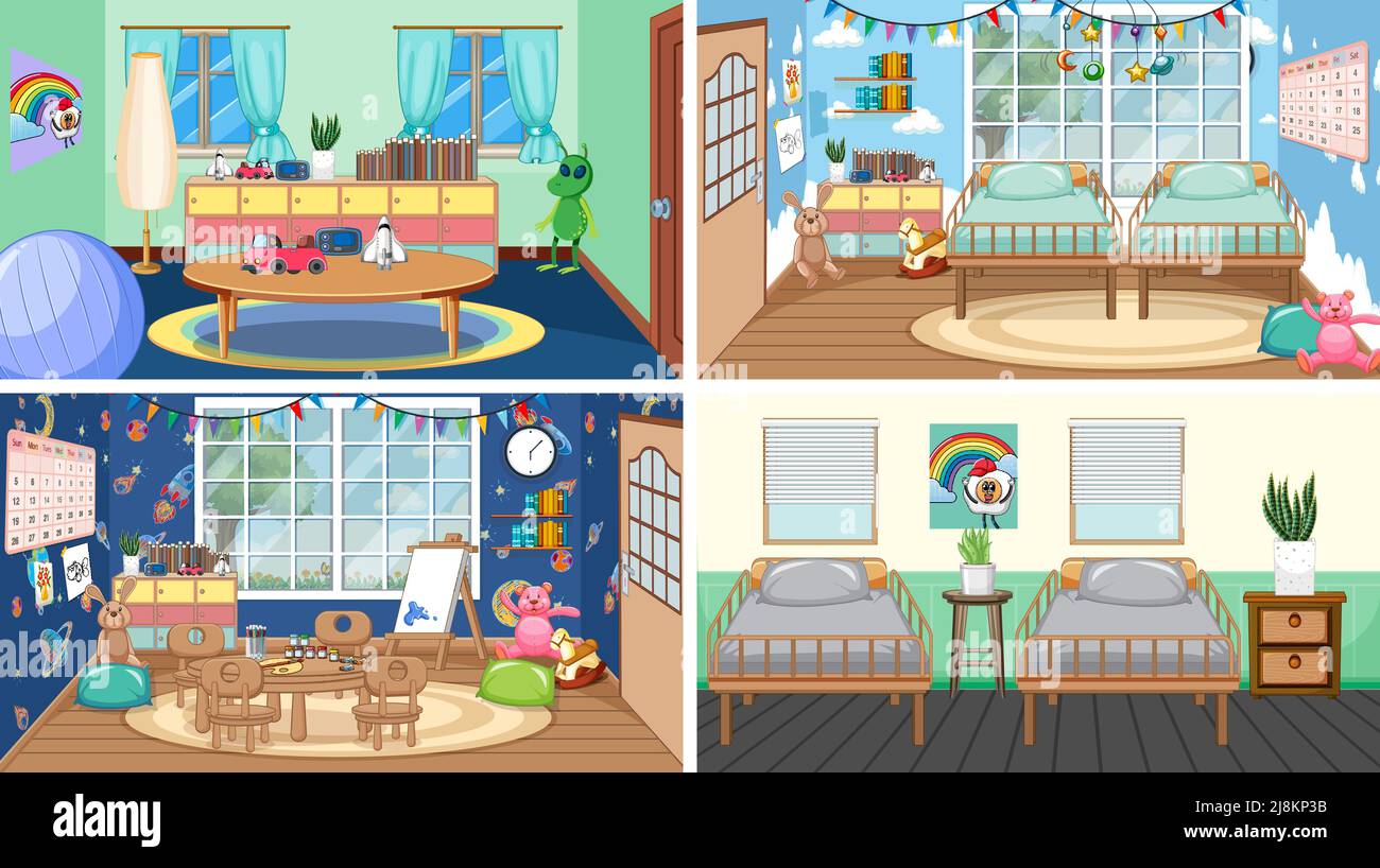 Set of different kindergarten classroom scenes illustration Stock ...