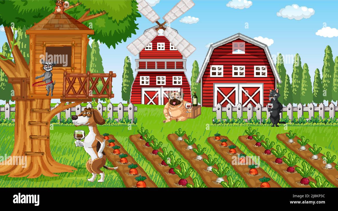 Outdoor farm scene with cartoon dogs illustration Stock Vector Image ...