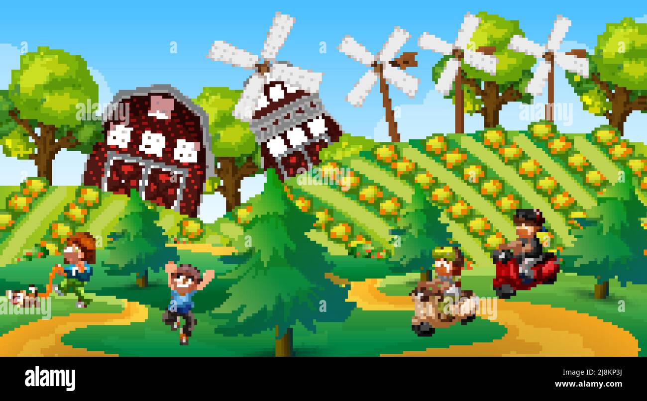 Happy kids in farm landscape illustration Stock Vector Image & Art - Alamy