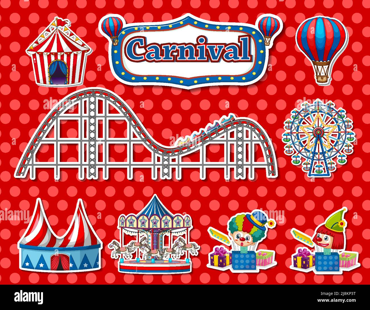 Sticker set of amusement park objects and cartoon characters ...