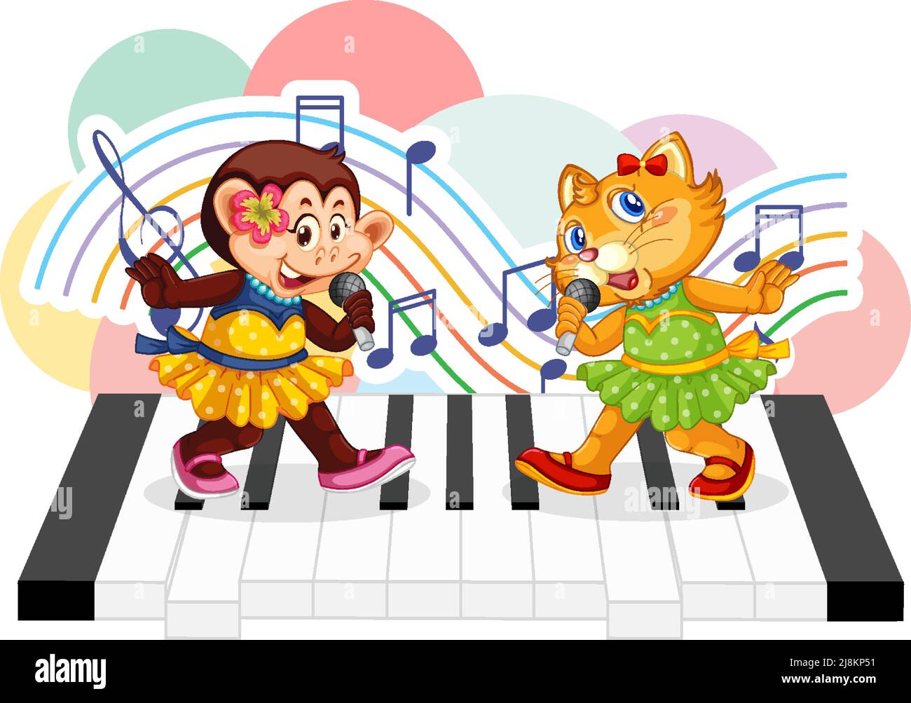 Cute animal sing a song with music notes on piano illustration Stock ...