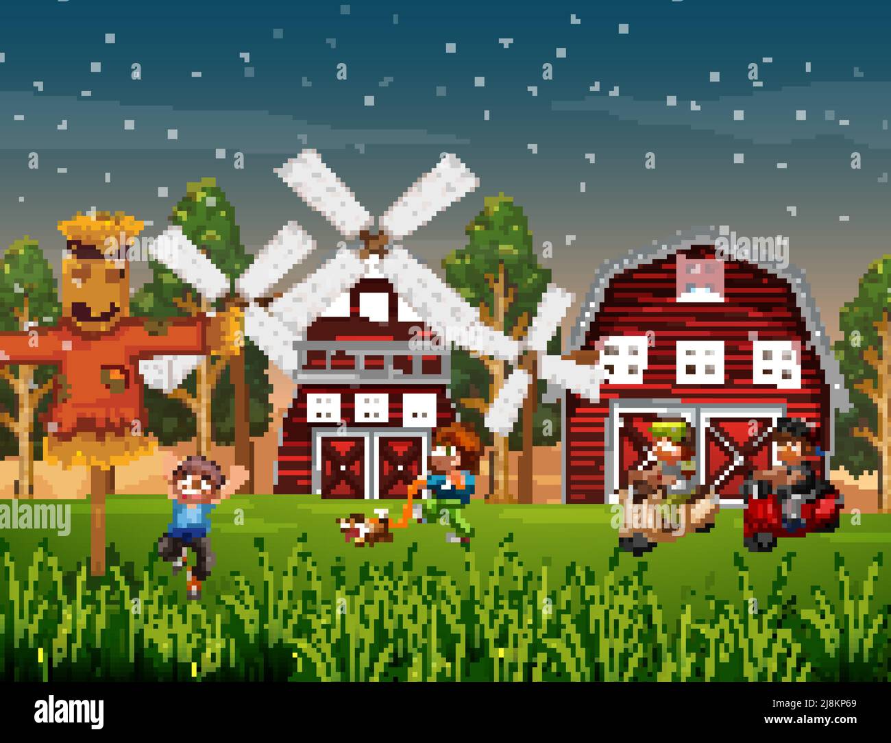 Happy kids in farm landscape illustration Stock Vector Image & Art - Alamy
