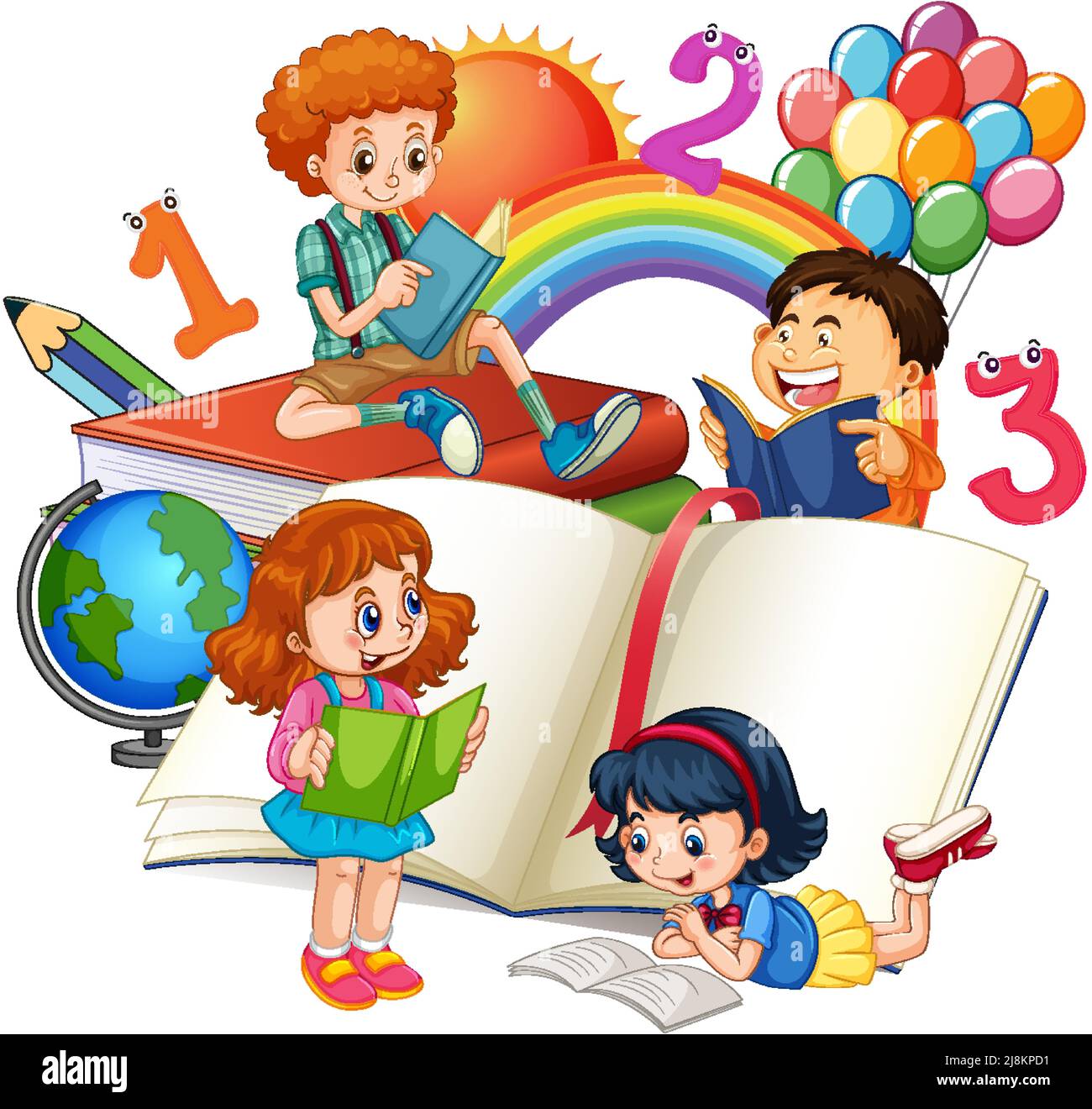 Four children are reading books on a stack of books illustration Stock ...