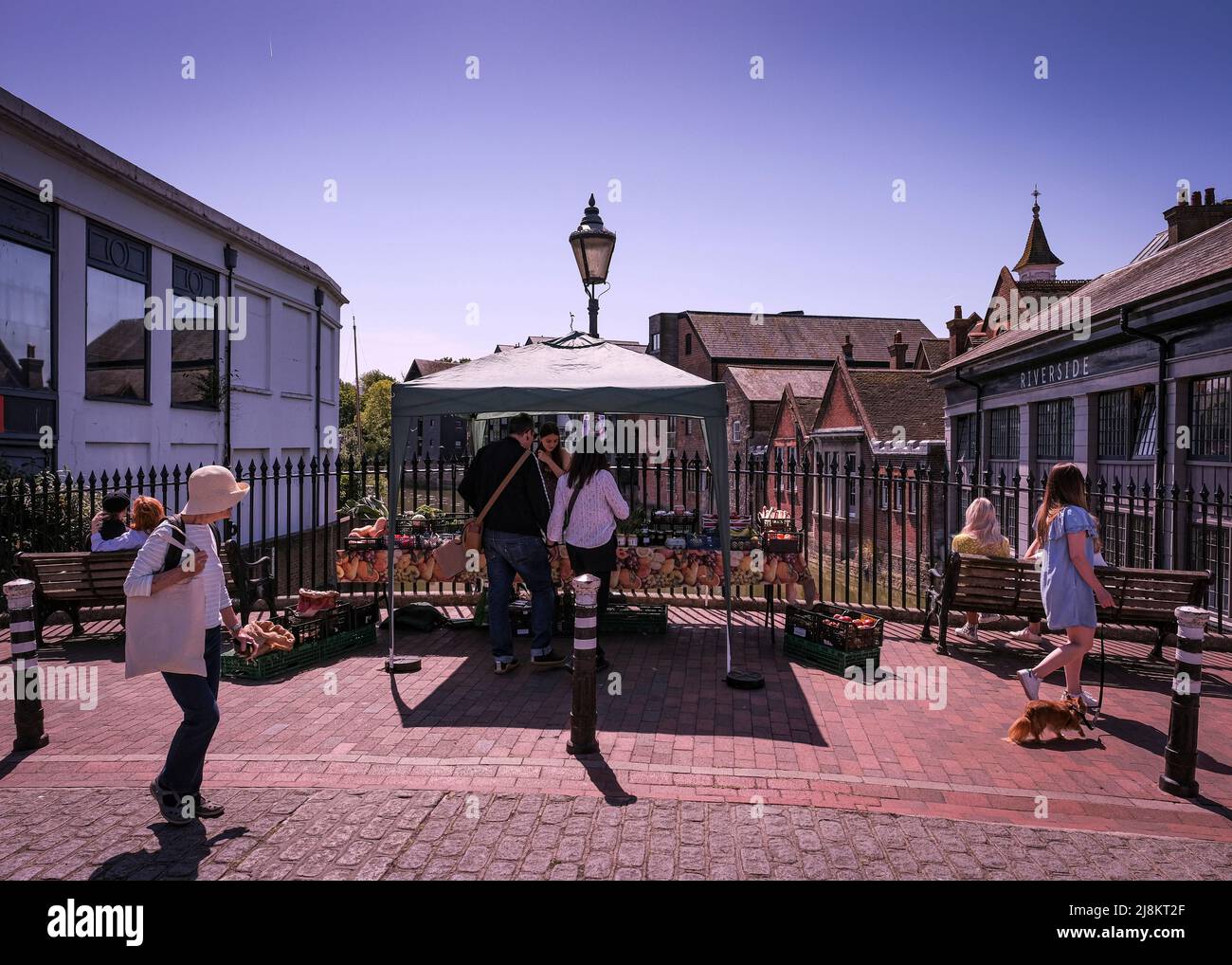 A vegetable market stall on the bridge crossing the river in Lewes East ...