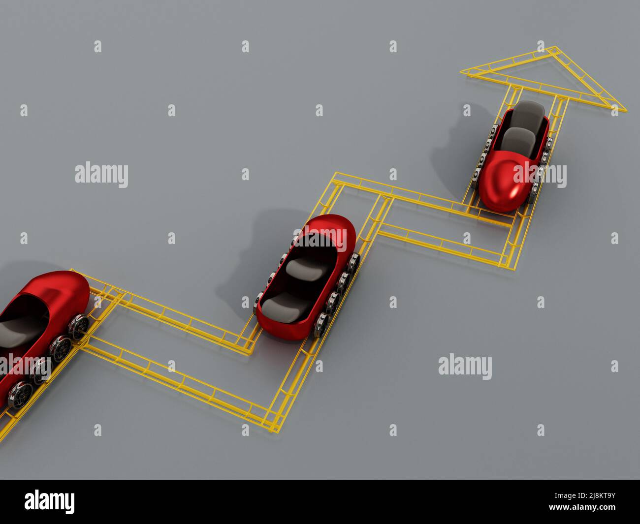 Roller coaster following a rising arrow shaped track. 3D illustration ...