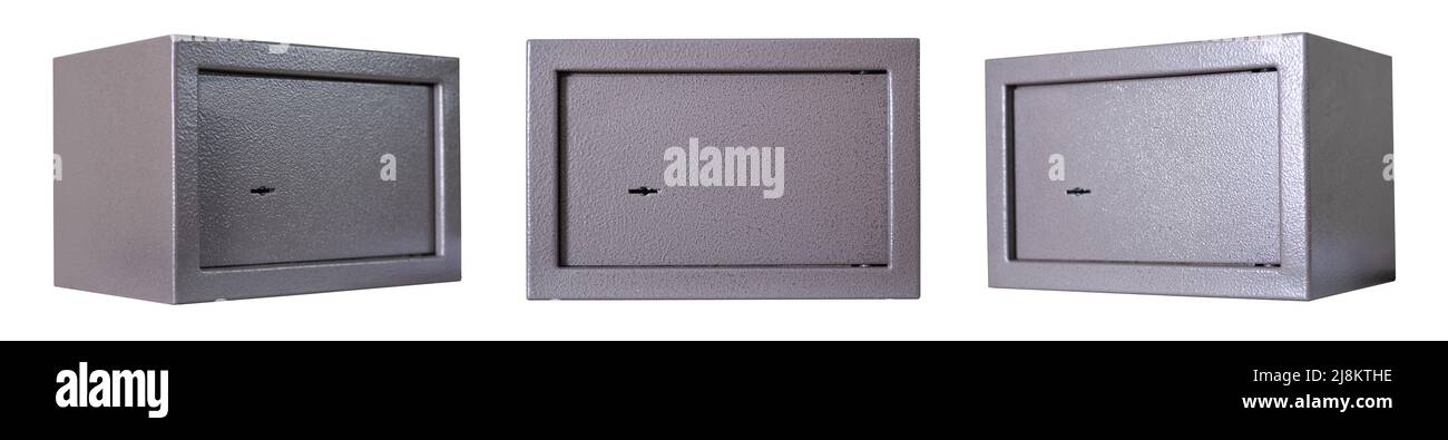 Insulated metal safe on a white background. The concept of safe storage ...
