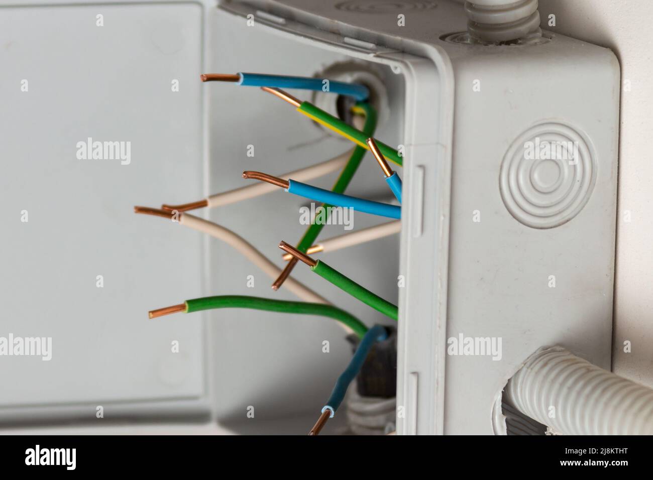 electrical unconnected wires in a junction box close-up Stock Photo - Alamy