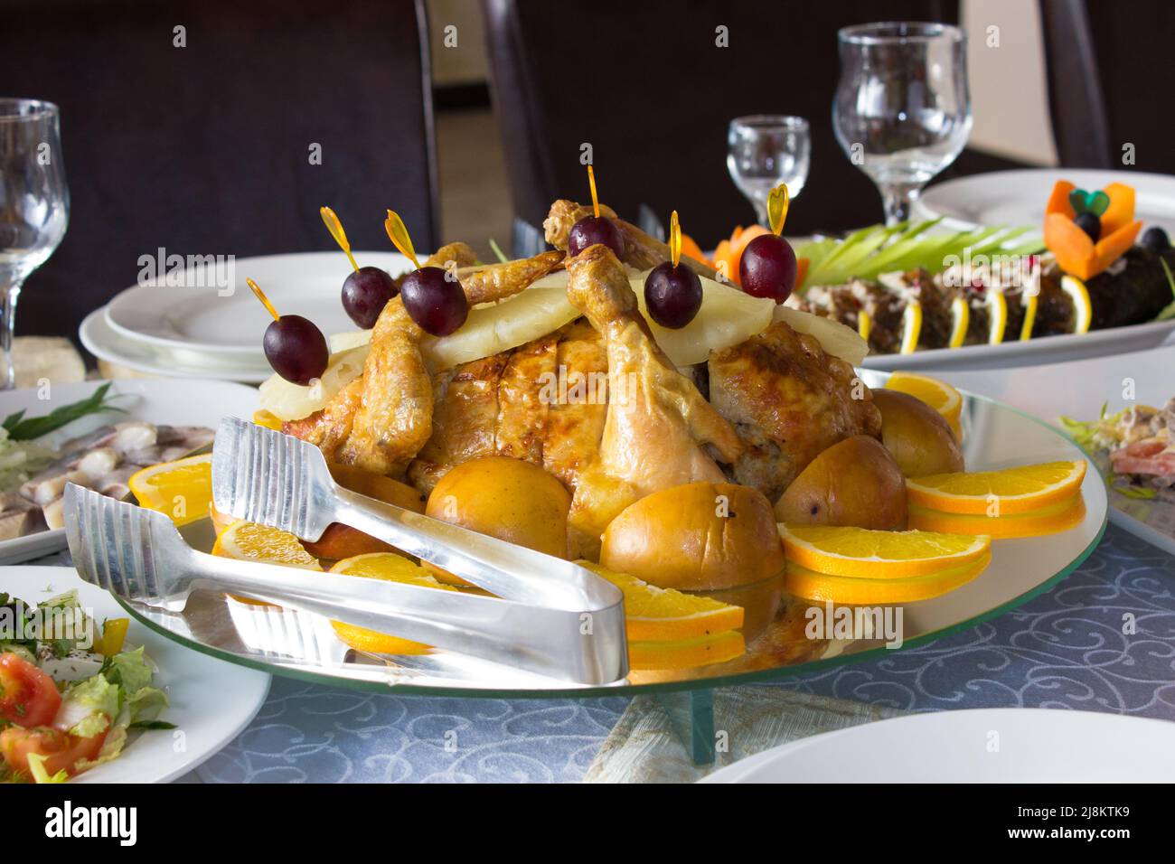 baked turkey on the table on Thanksgiving America Stock Photo - Alamy