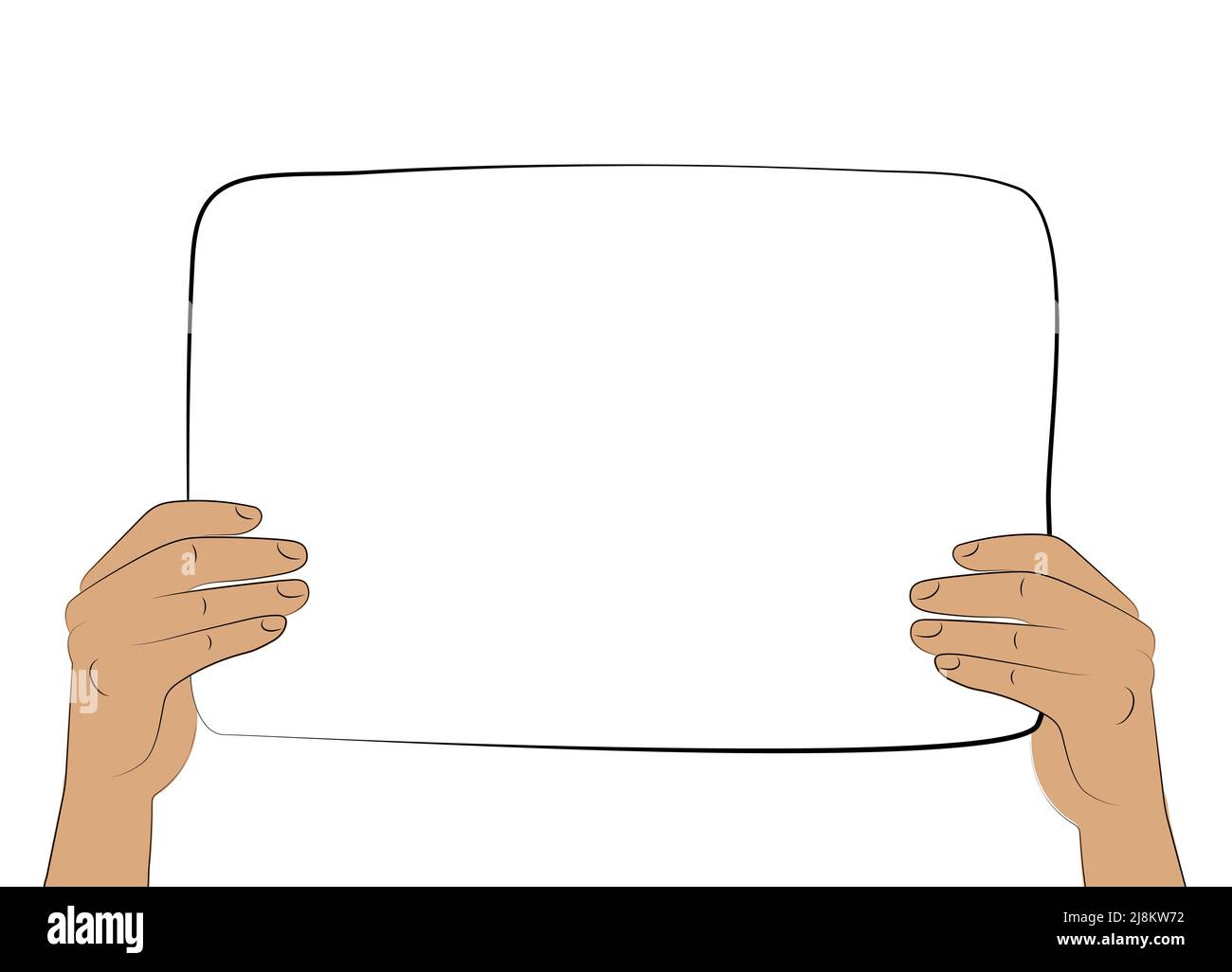Two hands holding a blank paper page poster or placard. Frame for your ...
