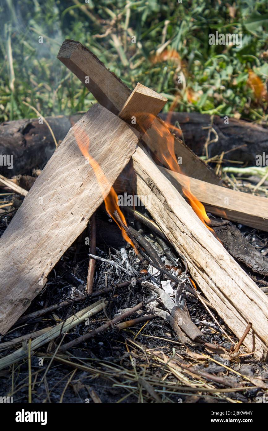Campfire burning in nature close hi-res stock photography and images ...