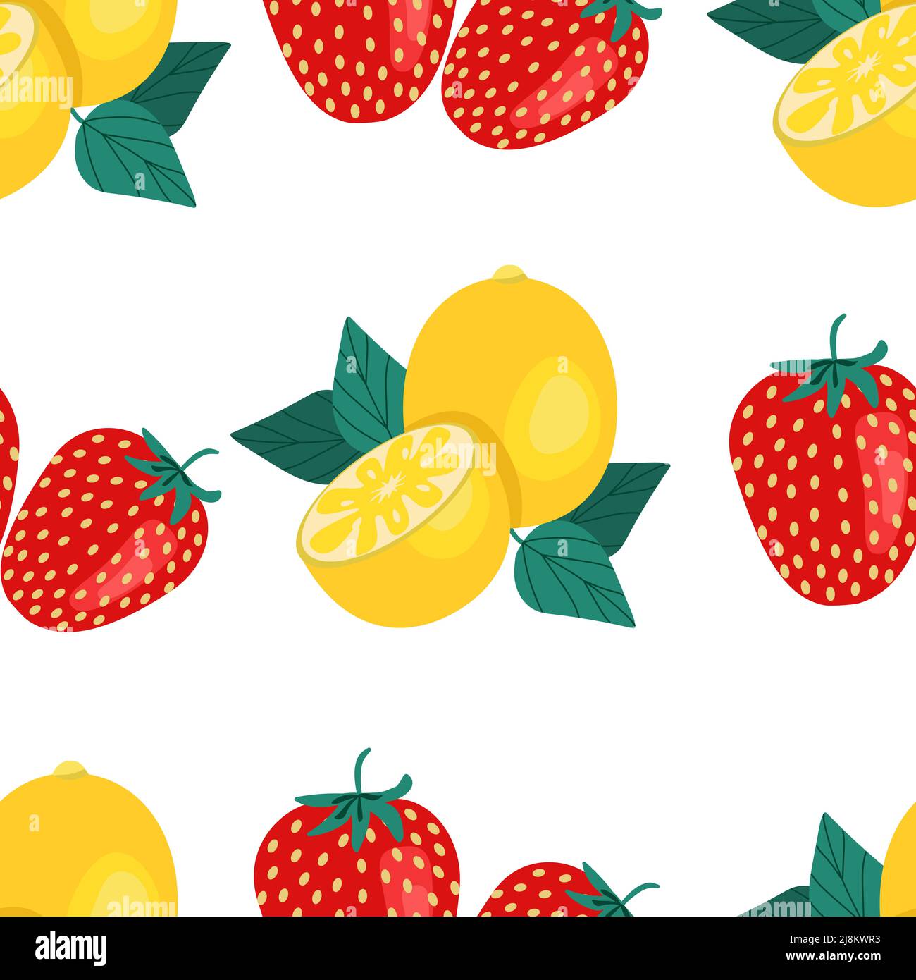 Lemons and strawberries seamless pattern. Vector illustration in flat ...