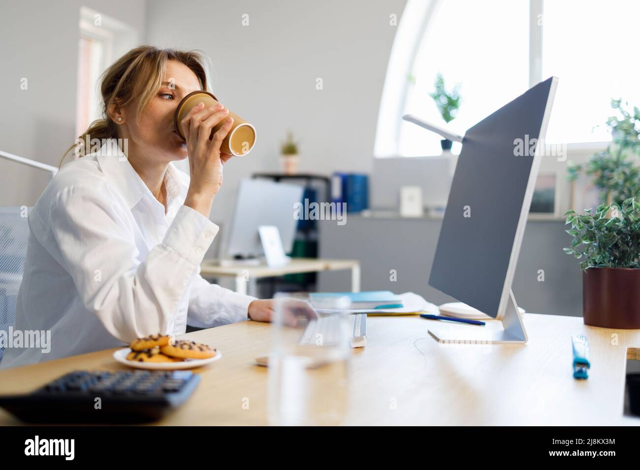 Pretty business woman drinking coffee while working at the computer in ...