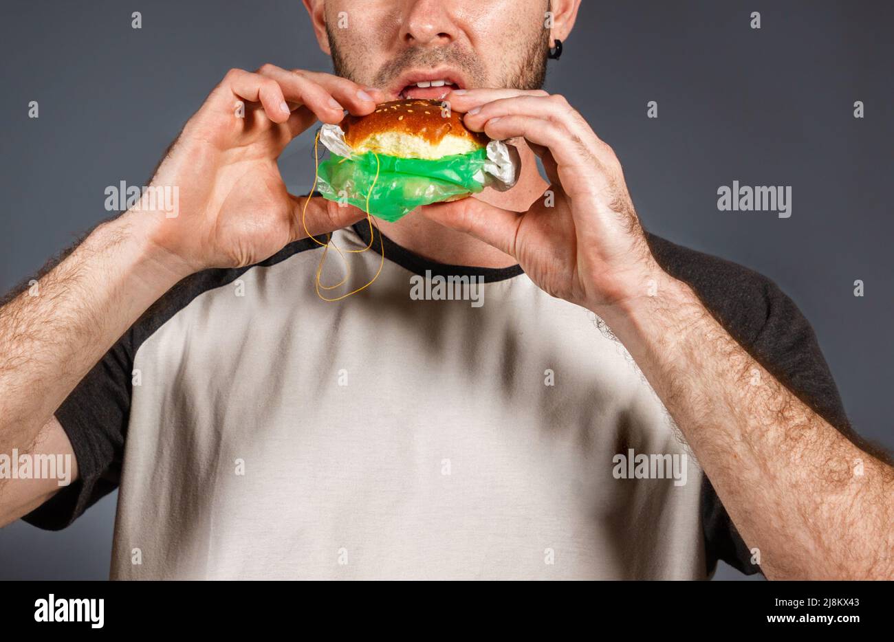 Environmental pollution and food industry. Close up portrait of a bald ...