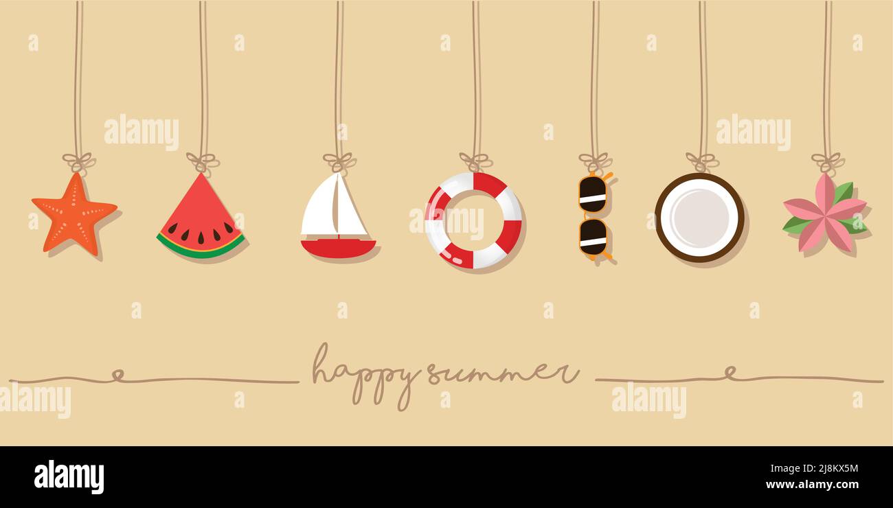 happy summer holiday banner design with hanging utensils Stock Vector ...