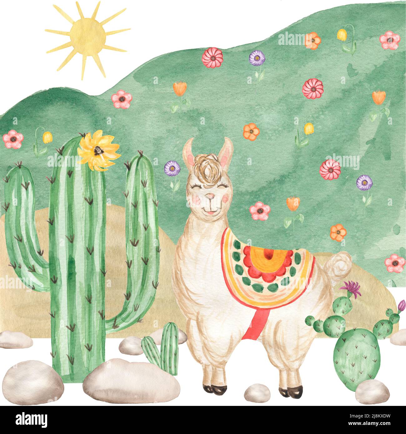 Watercolor Cute Summer Poster, Alpaca and cactus clipart, mountains ...