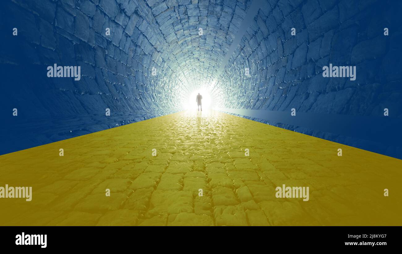 Concept or conceptual blue and yellow tunnel, the Ukrainian flag colors ...
