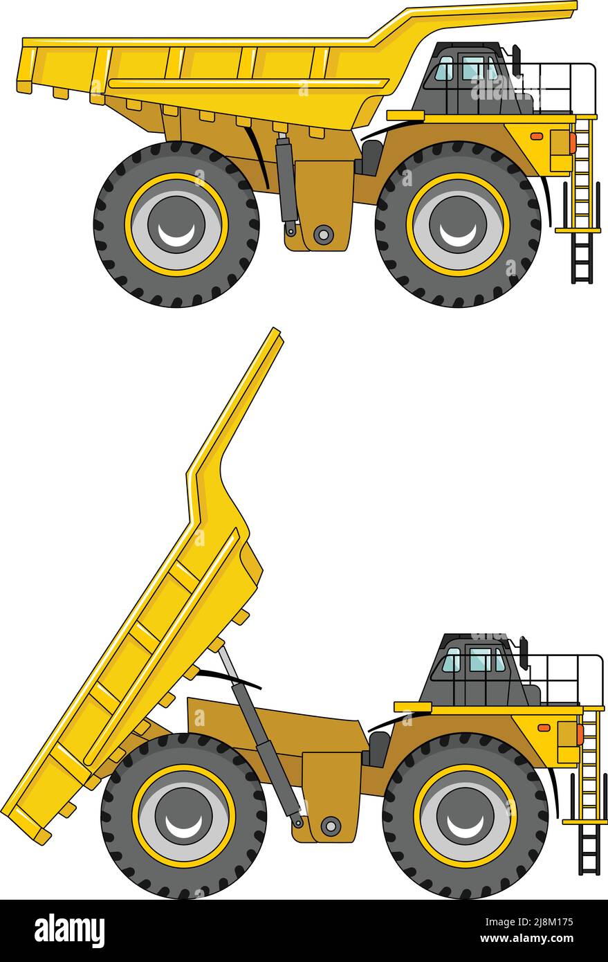 Detailed illustration of mining trucks, heavy equipment and machinery ...