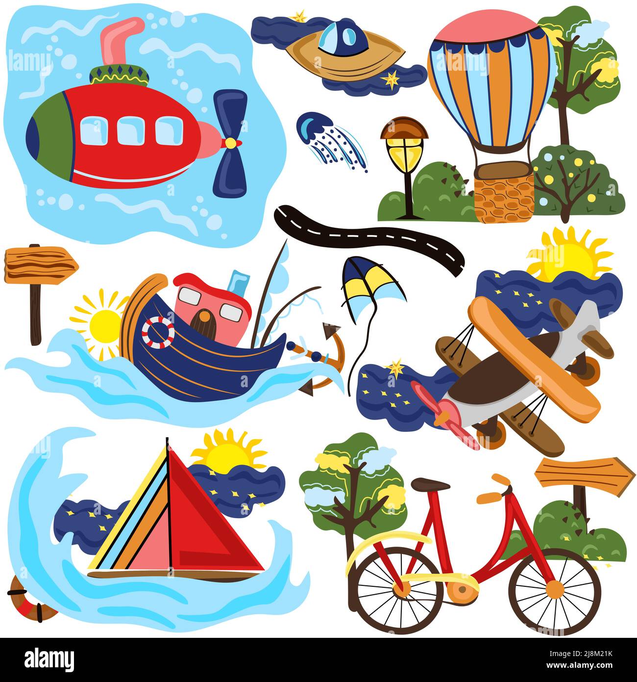 Cute compositions, collection of different types of transport, boat on ...