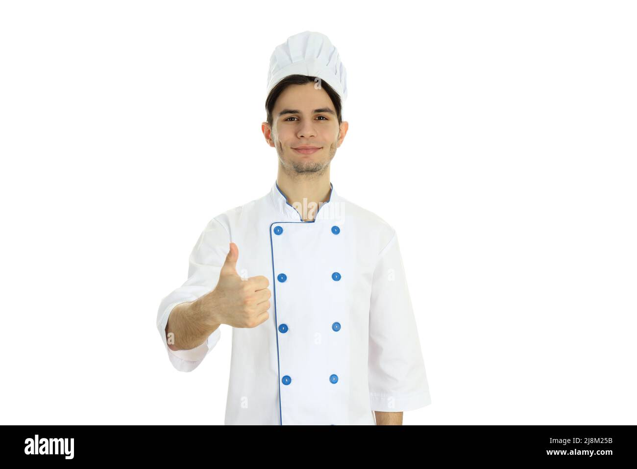 Concept of cooking, young man chef isolated on white background Stock ...