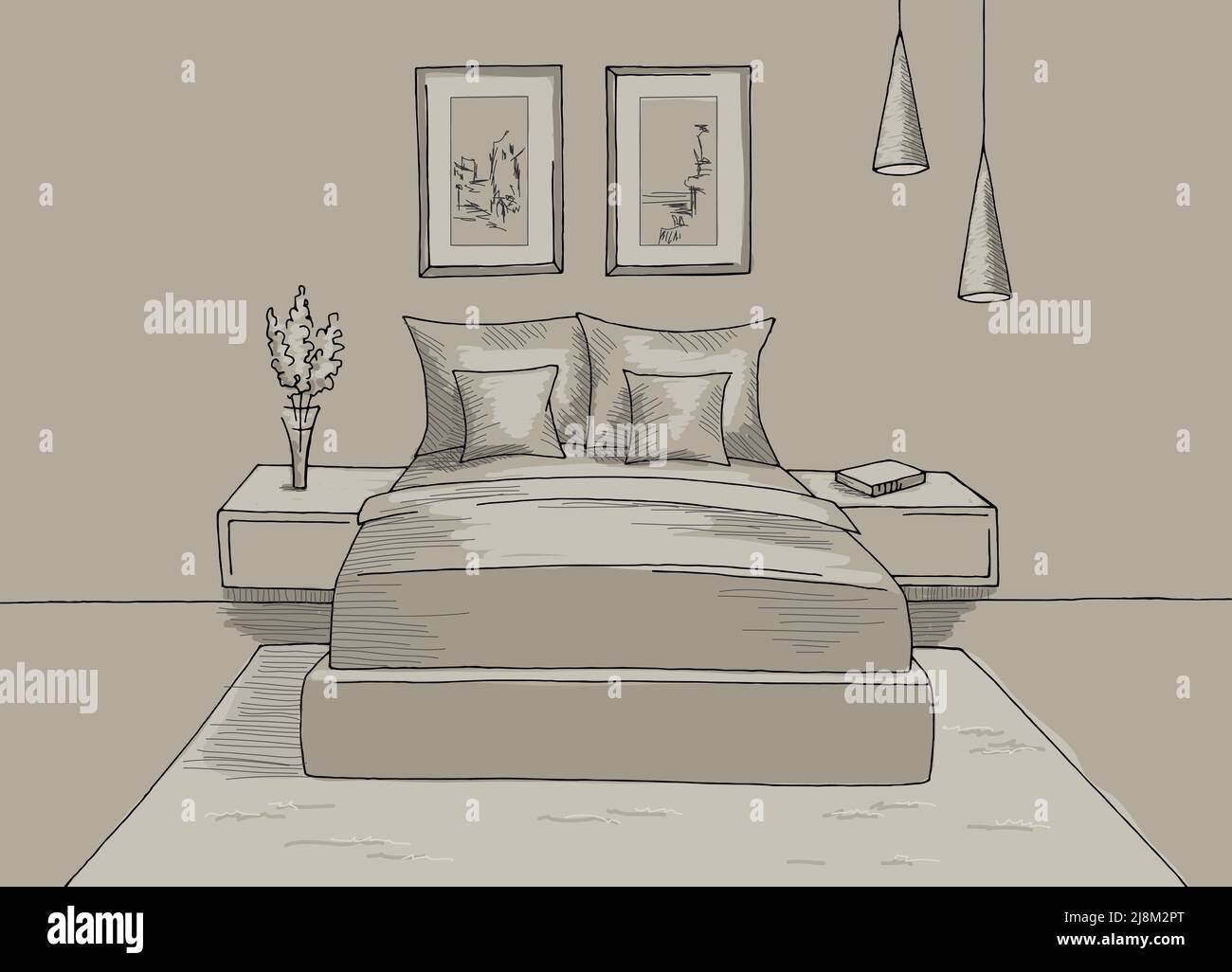Bedroom graphic home interior beige sketch illustration vector Stock ...