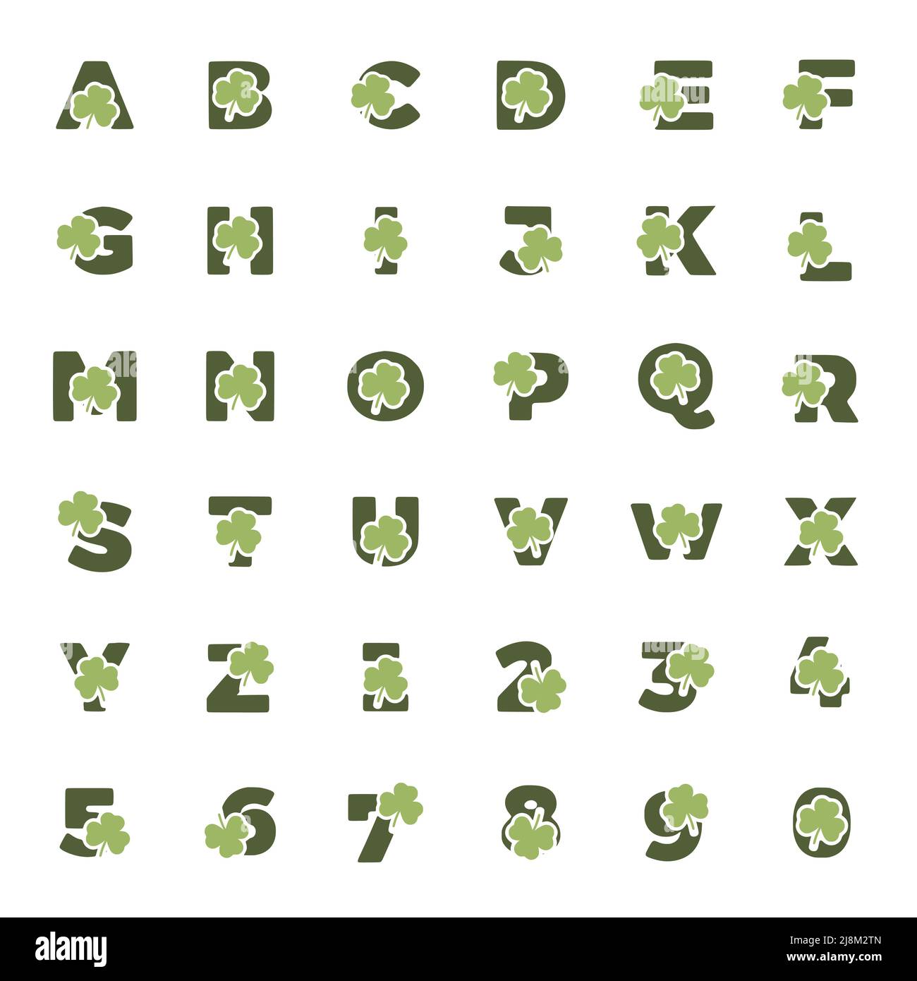 Set of creative letters and numbers with clover symbol isolated on ...