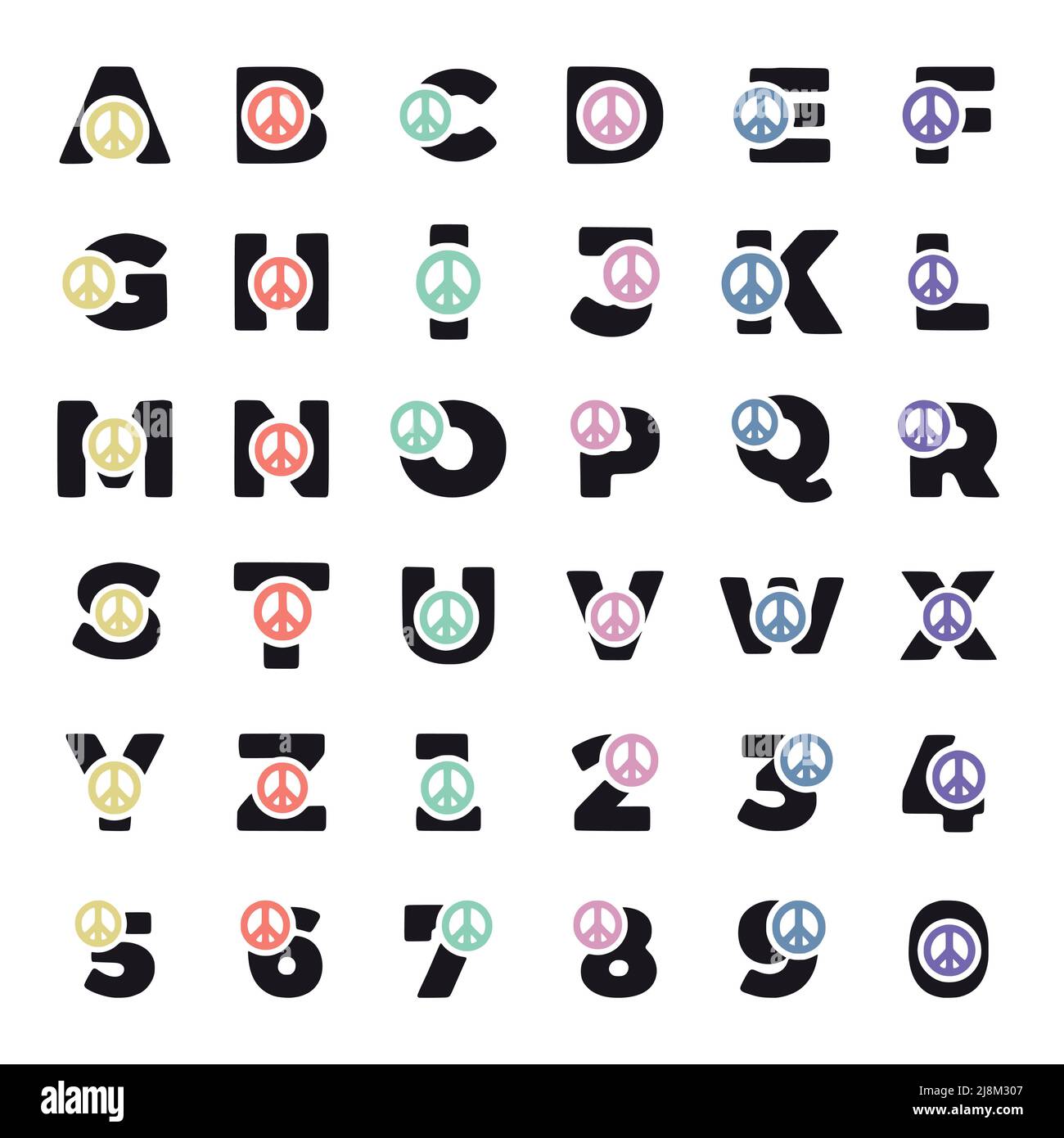 Set of creative letters and numbers with peace symbol isolated on white ...